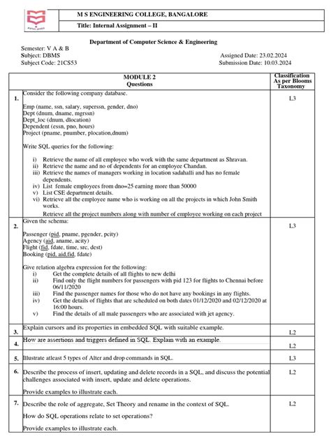 21cs53 assignment2 pdf sql databases