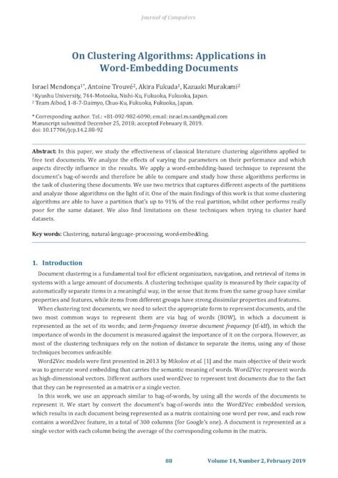 Pdf On Clustering Algorithms Applications In Word Embedding Was