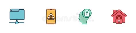 Set Ftp Folder Mobile With Exclamation Mark Human Head Lock And House Under Protection Icon