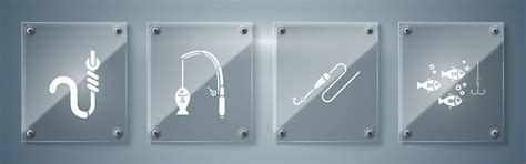 물고기 후크와 플로트 낚싯대와 물고기와 낚시 후크와 벌레와 물 아래에 낚시 후크를 설정합니다 정사각형 유리 패널 벡터 가시 철사에 대한 스톡 벡터 아트 및 기타 이미지