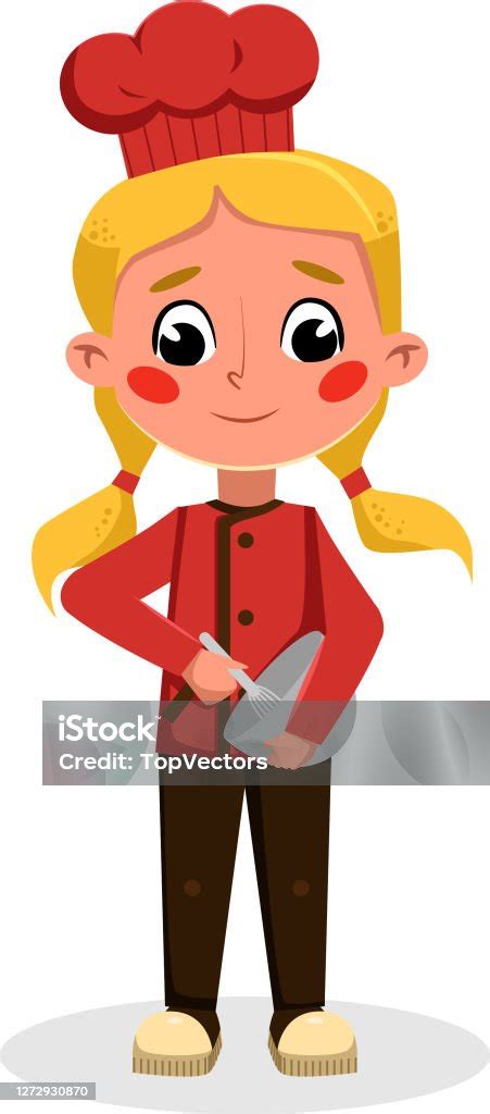 소녀 베이커 또는 과자 캐릭터 들고 그릇과 거품기 유니폼과 모자 요리 맛있는 요리 만화 스타일 벡터 일러스트귀여운 요리사 아이의 측면 보기 가공의 인물에 대한 스톡 벡터