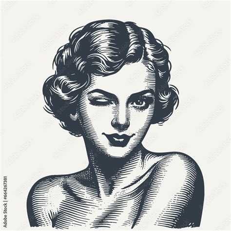 Retro Girl Winking Vintage Woodcut Engraving Style Vector Illustration