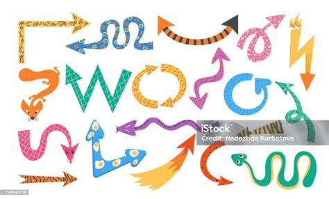 장난기 넘치는 화살표 패턴이 있고 재미있는 포인터가 다른 모양입니다 기발한 장식 커서 뒤틀린 방향 내비게이션 기호입니다 포인팅 픽토그램 추상적인 동적 요소 화려한 벡터 세트