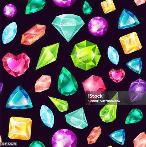 만화 마법의 결정과 귀중한 보석 원활한 패턴 다채로운 보석 크리스탈 다이아몬드 보석 빛나는 보석 보석 벡터 배경 0명에 대한 스톡 벡터 아트 및 기타 이미지 Istock