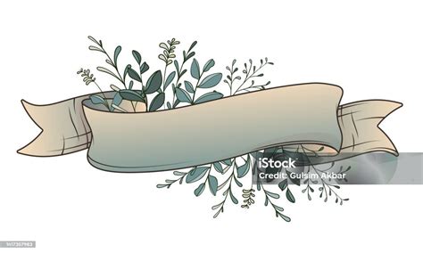 양식화 된 허브와 나뭇잎 가지가있는 리본의 벡터 일러스트레이션 0명에 대한 스톡 벡터 아트 및 기타 이미지 0명 나뭇가지 디자인 Istock