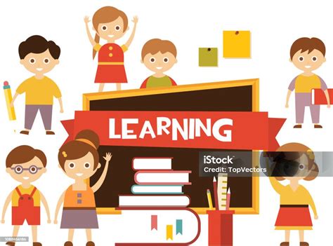 귀여운 작은 아이 칠판 및도 서의 스택 그룹 학습 개념 벡터 일러스트 레이 션 개념에 대한 스톡 벡터 아트 및 기타 이미지 개념 교육 귀여운 Istock