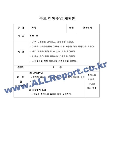어린이집 유치원 부모참여 참관 활동계획안 만2세~만5세 5가지유아보육실습일지