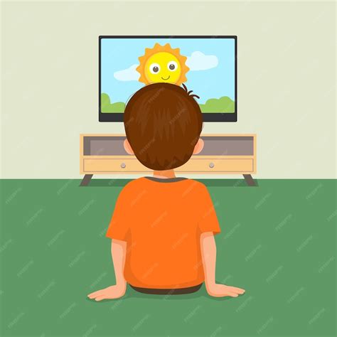 Cute Little Boy Watching Tv Sitting On The Floor Premium Vector