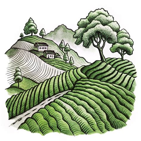 A Drawing Of A House On A Hill With Trees And Bushes Premium AI Generated Image