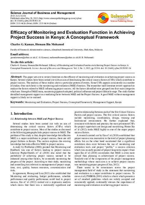 Pdf Efficacy Of Monitoring And Evaluation Function In Achieving Project Success In Kenya A