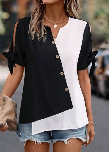 Black Patchwork Short Sleeve Split Neck Blouse Usd 31 98