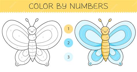 나비가 있는 아이들을 위한 숫자로 색칠하기 책 귀여운 만화 나비가 있는 색칠 페이지 프리미엄 벡터