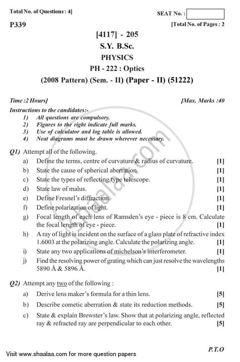 Optics 2012 2013 B Sc Physics Semester 4 Sybsc Question Paper With Pdf Download