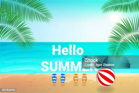 해변 공과 안녕하세요 여름 배경 여름 시즌에 대한 모래 바다 해안에서 해변 플립 플롭 바다 모래 하늘 비행기 파도 태양 야자수 잎 스톡 벡터 일러스트레이션 3차원 형태에