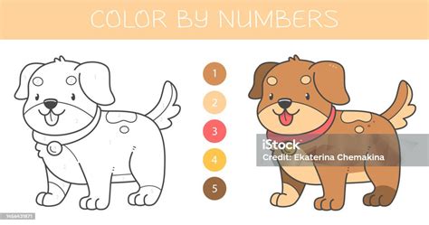 강아지와 함께 아이들을위한 숫자 색칠 공부 책으로 색칠하십시오 색칠하기 위한 예가 있는 귀여운 만화 강아지가 있는 색칠 공부 페이지 흑백 및 컬러 버전 벡터 그림입니다 0