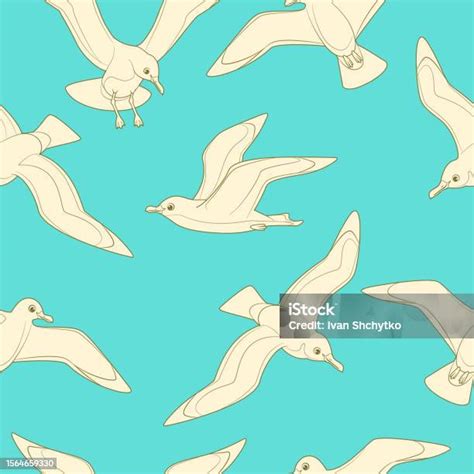 갈매기 원활한 패턴입니다 벡터 원활한 패턴입니다 날아다니는 새의 간단한 그림을 간략하게 설명합니다 치솟는 바닷새 실루엣 갈매기에 대한 스톡 벡터 아트 및 기타 이미지