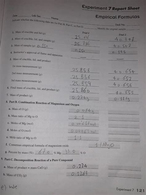 Solved Experiment 7 Report Sheet Empirical Formulas Lab Sec