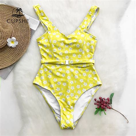 Cupshe Lemon Yellow Floral One Piece Swimsuit Women Belt Backless High