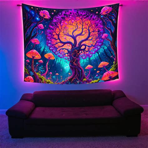 Uv Reactive Forested Landscape Indoor Wall Tapestry Trees And Mushroom