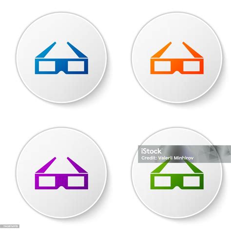 흰색 배경에 고립 된 컬러 3d 시네마 안경 아이콘 원 버튼의 색상 아이콘을 설정 합니다 벡터 일러스트 3차원 형태에 대한 스톡 벡터 아트 및 기타 이미지 Istock