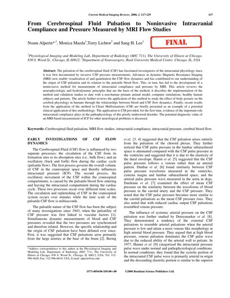 Pdf From Cerebrospinal Fluid Pulsation To Noninvasive Intracranial Compliance And Pressure