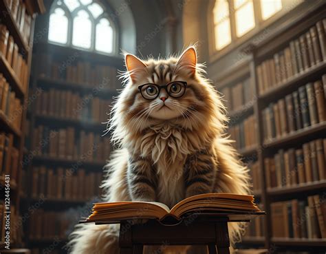 Cat As A Librarian A Fluffy Persian Cat Wearing Tiny Reading Glasses