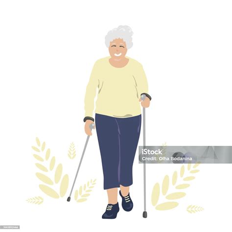 북유럽 걷기를 하는 늙은 여자 운동복에 막대기로 스포츠를 하는 회색 머리를 가진 노인 유용한 활동적인 레크리에이션 흰색 배경에 평면 벡터 삽화 여자 노인에 대한 스톡 벡터