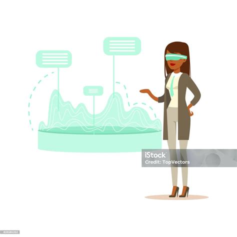 사업가 디지털 시뮬레이션에서 근무 하는 Vr 헤드셋 착용 분석 재무 결과 미래 기술 개념 벡터 일러스트 레이 션 개념에 대한