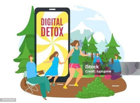 인터넷없이 디지털 기술 해독 벡터 일러스트 플랫 맨 여성 캐릭터 휴가 장치 사람들은 오프라인 휴식 스마트 폰을 분리 디지털 디톡스에 대한 스톡 벡터 아트 및 기타 이미지