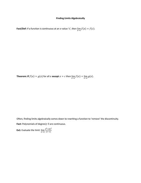 10 2 Finding Limits Algebraically Finding Limits Algebraically Fact Def If A Function Is