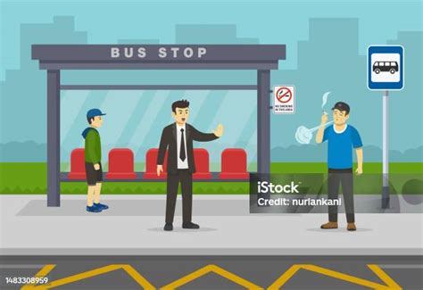 공공 장소에서 담배를 피우는 것은 금지되어 있습니다 젊은 남성 캐릭터가 담배를 들고 버스 정류장에서 연기를 내뿜는다 담배를