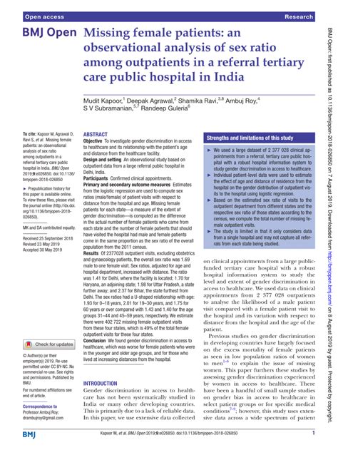 Pdf Missing Female Patients An Observational Analysis Of Sex Ratio Among Outpatients In A