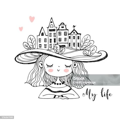 그녀의 머리에 집이있는 모자를 쓴 귀여운 소녀 색칠 벡터 모자 모자류에 대한 스톡 벡터 아트 및 기타 이미지 모자 모자류 아름다움 거리 Istock