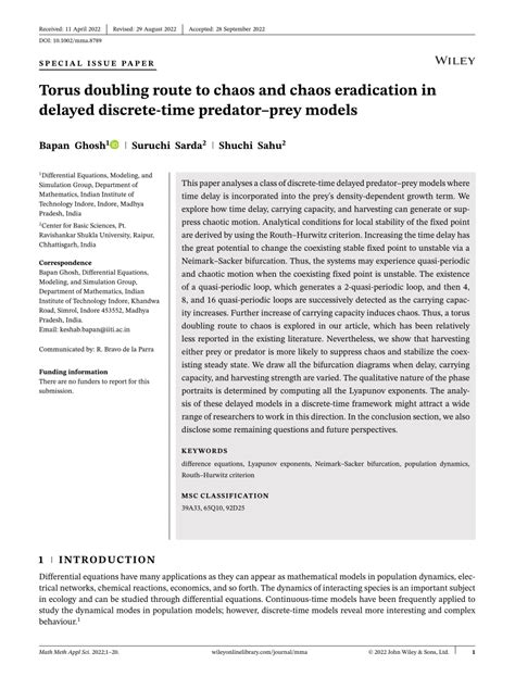 Torus Doubling Route To Chaos And Chaos Eradication In Delayed Discrete‐time Predator Prey