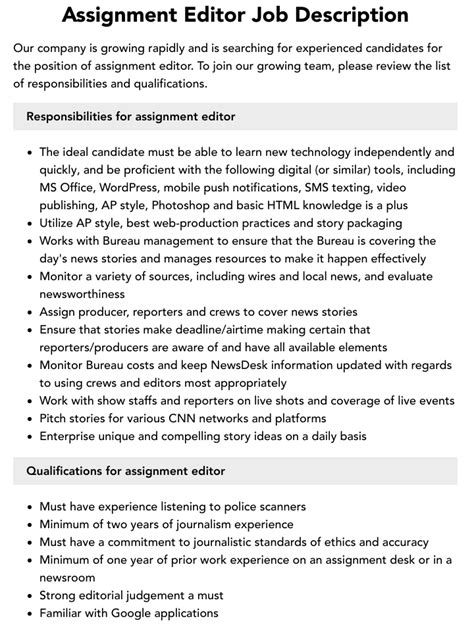 Assignment Editor Job Description Velvet Jobs
