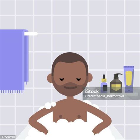 스파 치료입니다 젊은 흑인 캐릭터 비누 거품 목욕에 누워 이완입니다 목욕탕입니다 평면 편집 가능한 벡터 일러스트 레이 션 클립