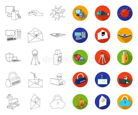 Hacker And Hacking Outlineflat Icons In Set Collection For Design Hacker And Equipment Vector