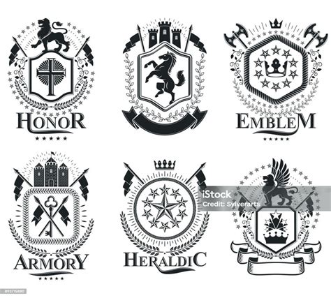 명품 전 령 벡터 상징 서식 파일이입니다 벡터 Blazons 품격 높은 품질 상징 일러스트 컬렉션입니다 구도에 대한 스톡 벡터 아트 및 기타 이미지 Istock