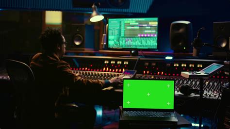 African American Artist Working With Mockup On Display In Control Room Mixing And Mastering