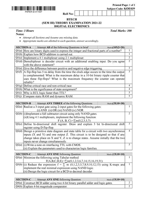 btech oe 3 sem digital electronics koe039 2022 printed page 1 of 2 subject code koe 0 roll