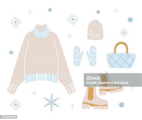 트렌디 한 겨울 옷을 입고 니트 스웨터 모자 장갑 부츠 및 가방 세트 봄 가을 또는 겨울 현대 의류 흰색 배경에 격리 된 플랫