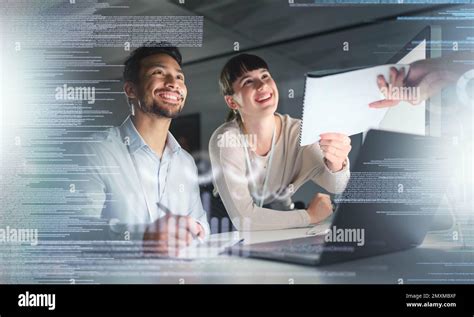 Information Technology Overlay And Team With Documents On Laptop For Tech Development