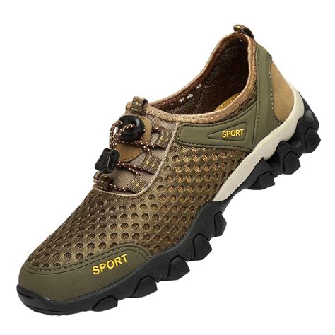 Green Outdoor Breathable Hiking Shoes For Men With Round Toe And Mesh