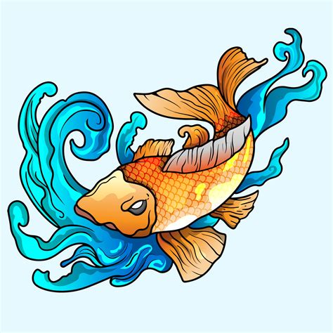 Hand Drawn Koi Fish Tropical Japanese Flowers Vector Illustration