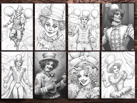 Circus Clown Coloring Book Grayscale Acrobatics Art Printable Pdf Etsy