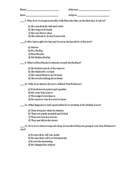 To Kill A Mockingbird Chapter 1 11 Test By Mr Gs Classroom Tpt