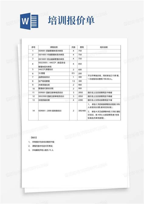 培训报价单word模板下载 编号qbaezdye 熊猫办公