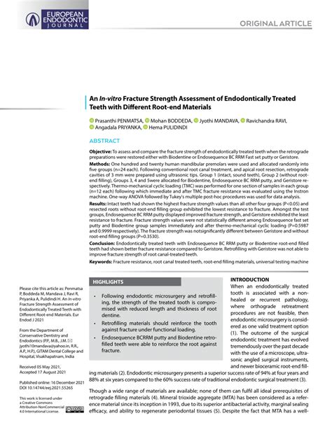 Pdf An In Vitro Fracture Strength Assessment Of Endodontically Treated Teeth With Different