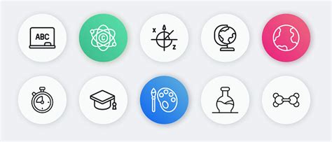 팔레트 지구 지구본 스톱워치 시험관 삼각 원 분자 및 눈금 모자 아이콘과 라인 페인트 브러시를 설정합니다 벡터 계시기에 대한 스톡 벡터 아트 및 기타 이미지 Istock