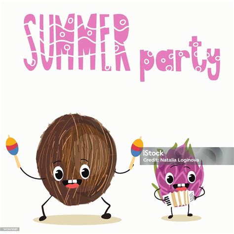 재미있는 캐릭터의 벡터 일러스트레이션 만화 피타하야 피타하야 드래곤 과일 놀이 하모니카 아코디언 코코넛은 마라카스를 연주합니다 여름 파티 레터링 건강한 생활방식에 대한 스톡